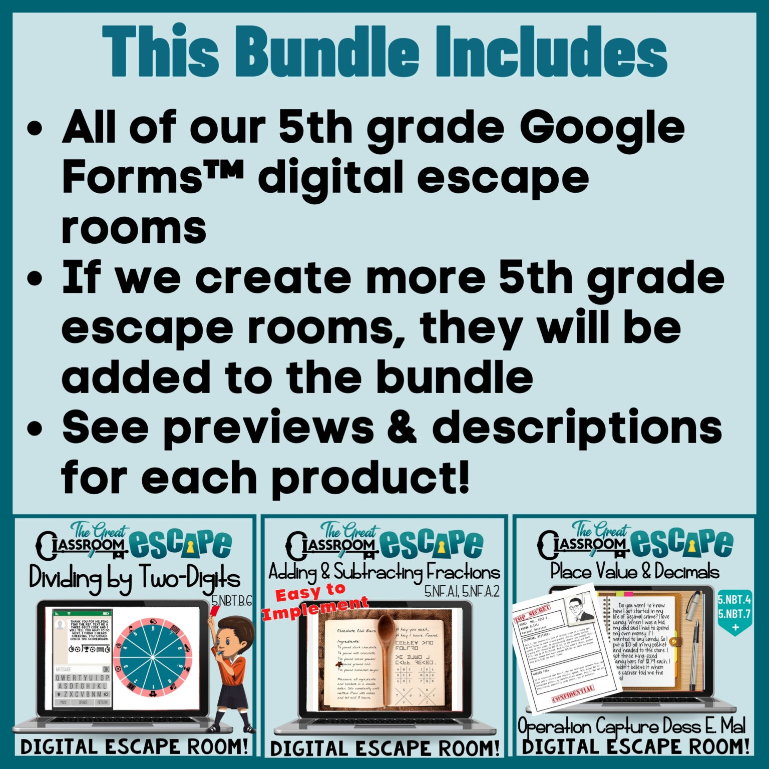 5th Grade Math Escape Room Bundle -18 Challenging and Engaging Digital ...