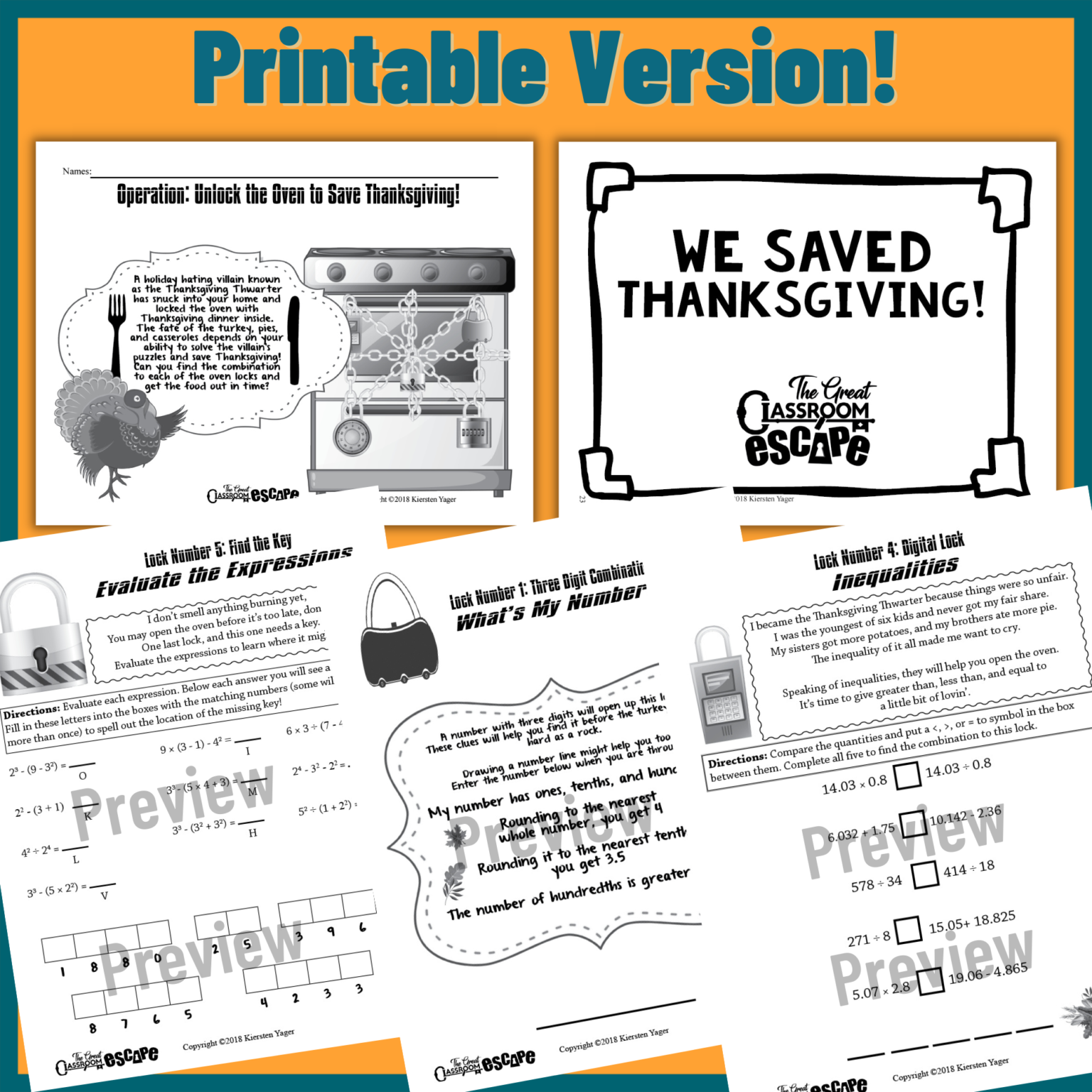 Fun Thanksgiving Math Activity for 6th Grade Digital or Print Escape ...