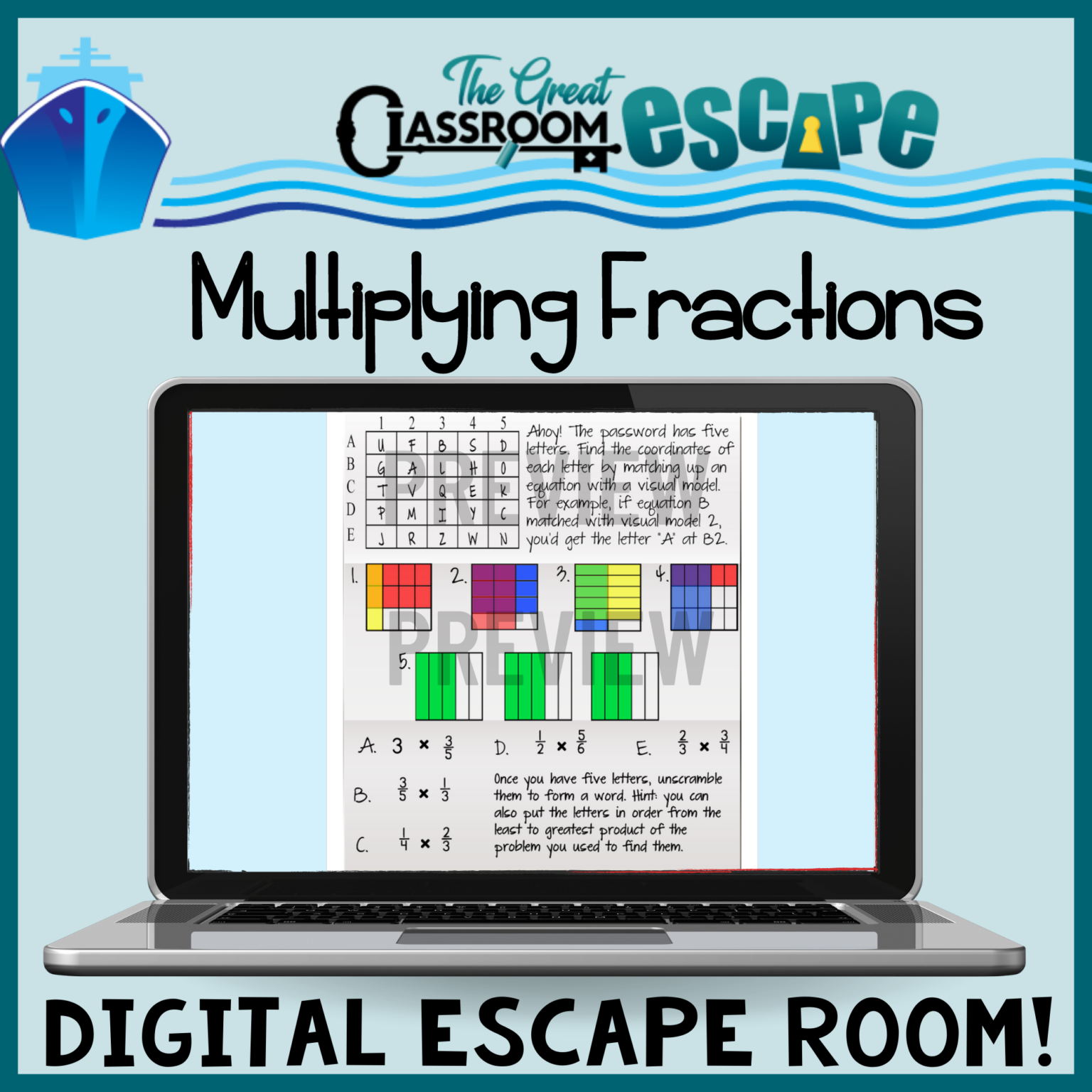 Dividing Whole Numbers by Unit Fractions 5th Grade Math Digital Escape ...