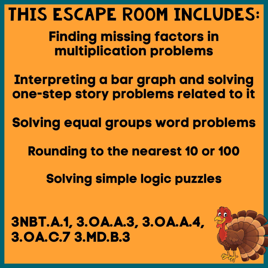Thanksgiving Math Activity for 3rd Grade Digital or Print Escape Room ...