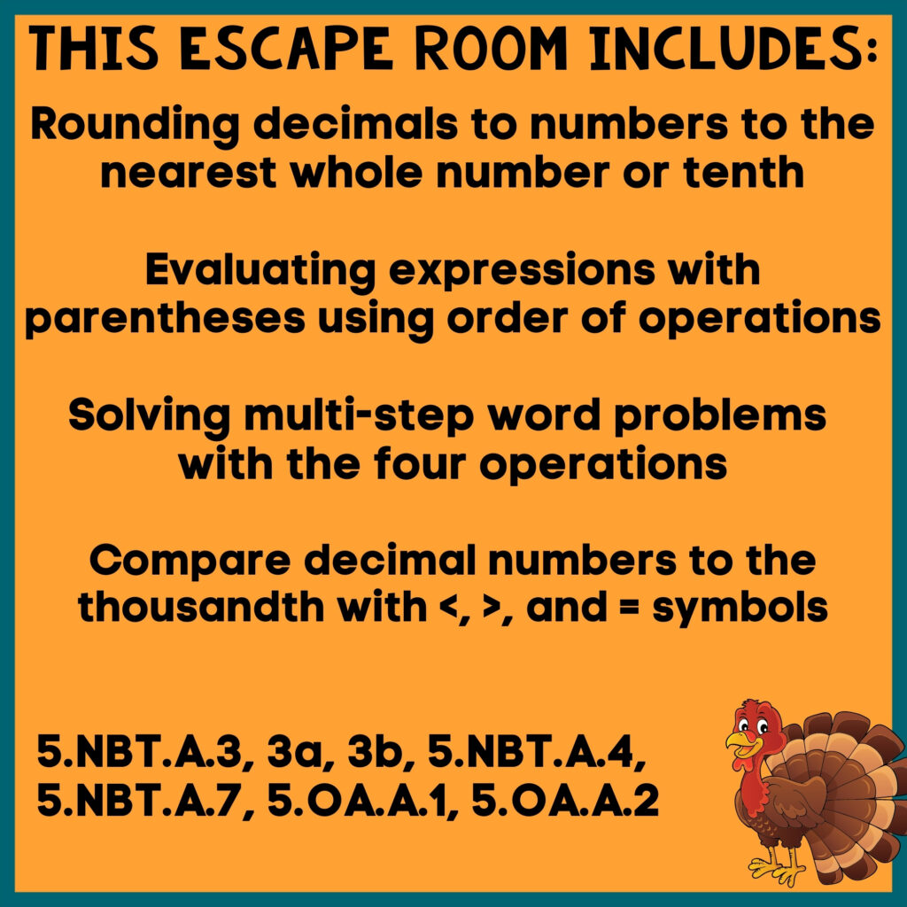 Thanksgiving Math Activity for 5th Grade Digital or Print Escape Room ...