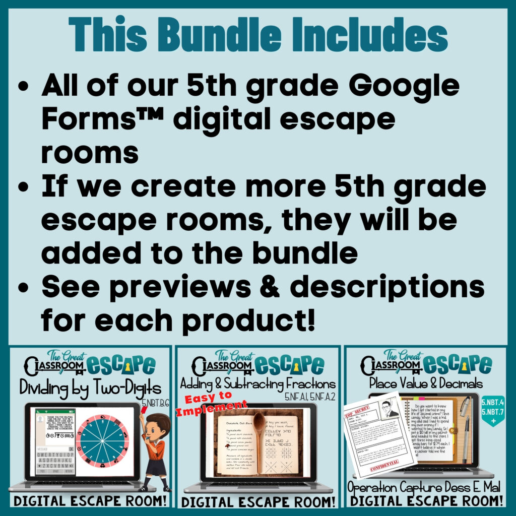 5th Grade Math Escape Room Bundle -18 Challenging and Engaging Digital ...