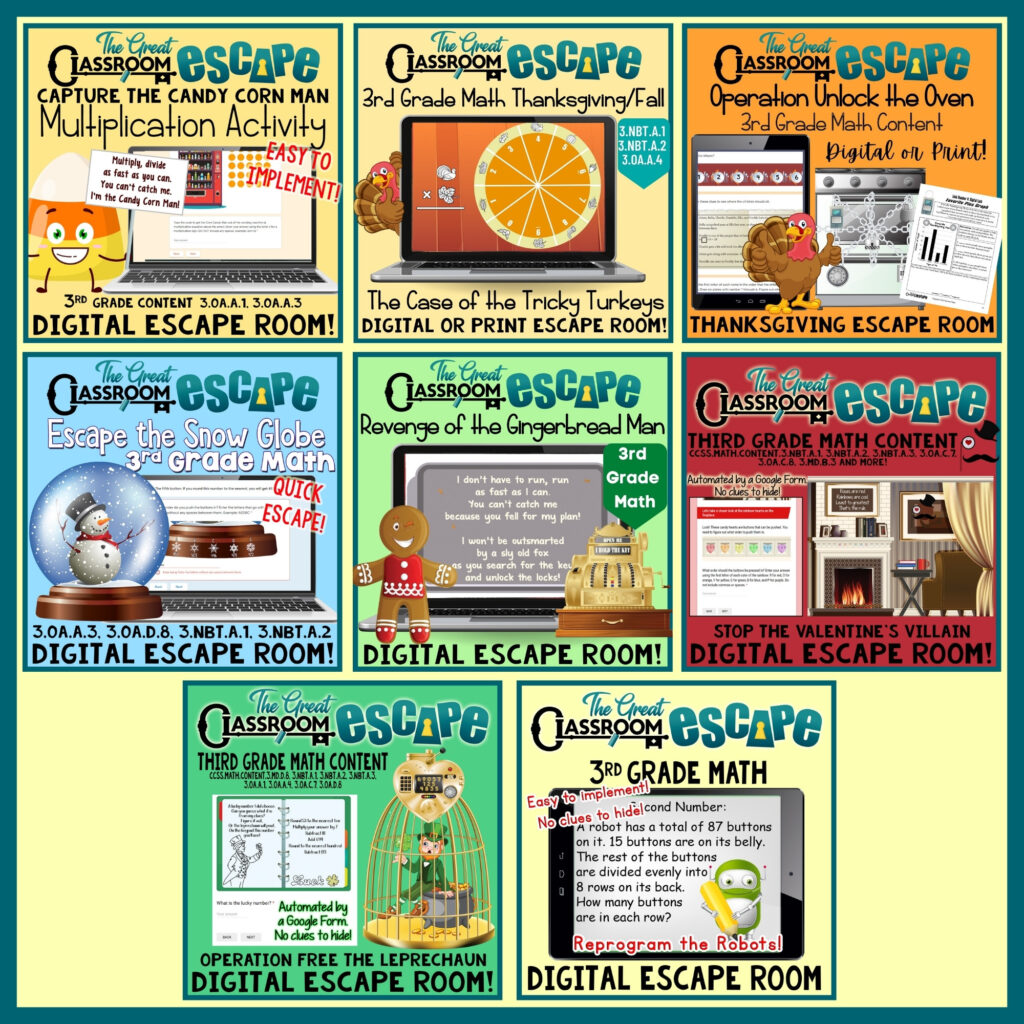 3rd Grade Math Holiday & Seasonal Digital Escape Room Bundle ...