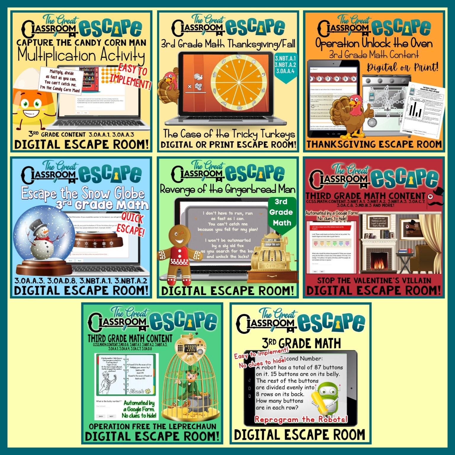 3rd Grade Math Holiday & Seasonal Digital Escape Room Bundle ...
