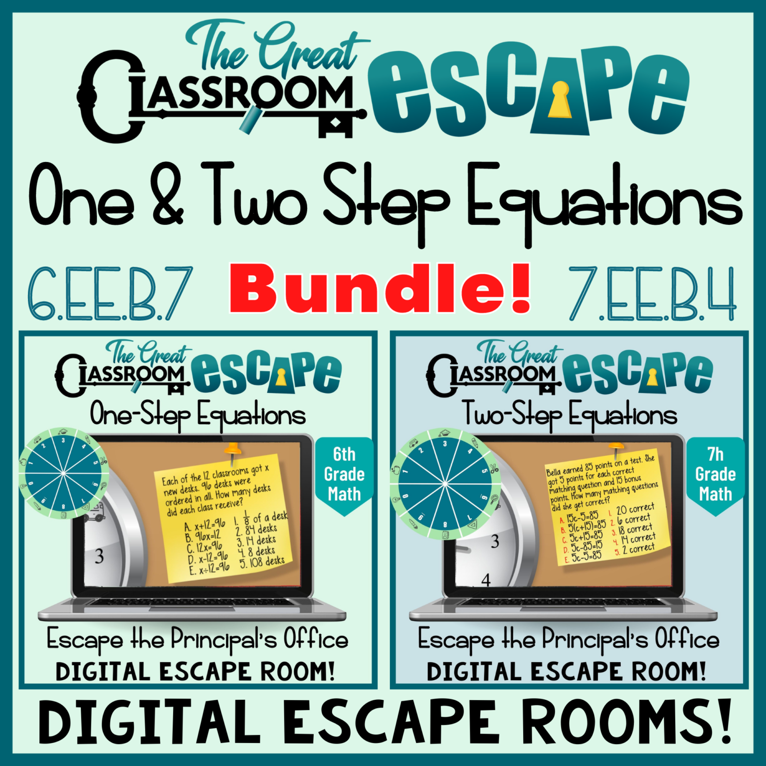 Solving One and Two Step Equations Digital Escape Room Bundle Middle ...